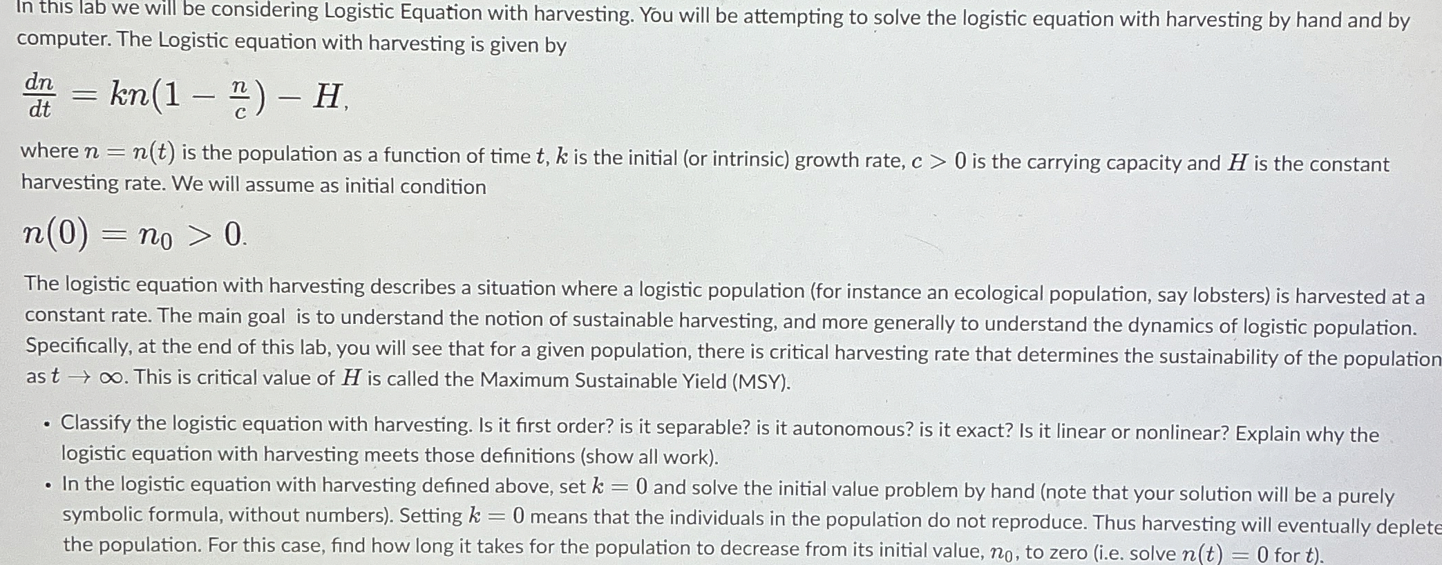 Solved In this lab we will be considering Logistic Equation | Chegg.com