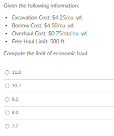 Solved Given the following information:Excavation Cost: | Chegg.com