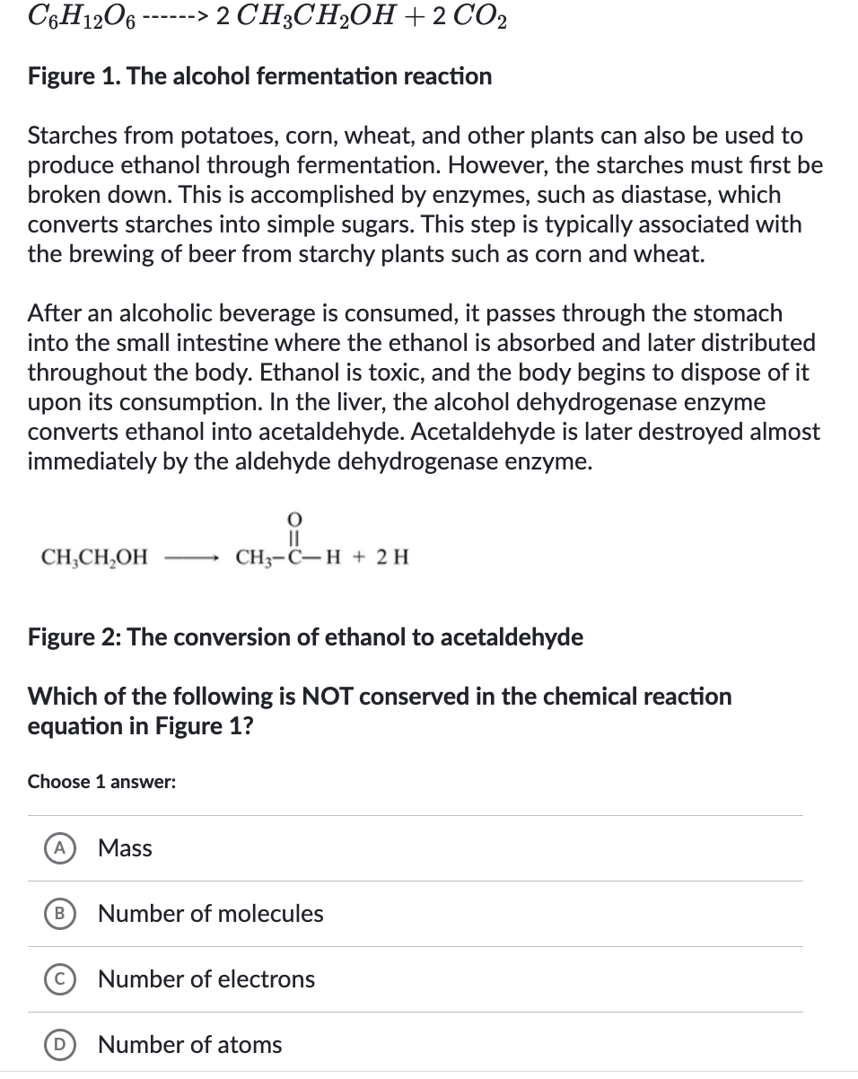 Solved C6H12O6---→ 2CH3CH2OH+2CO2Figure 1. ﻿The alcohol | Chegg.com