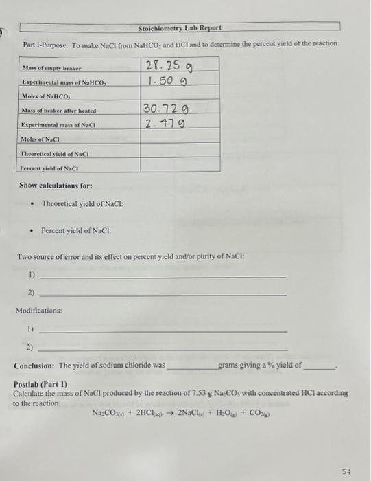 Solved Stoichiometry Lab Report Part I-Purpose: To make NaCl | Chegg.com
