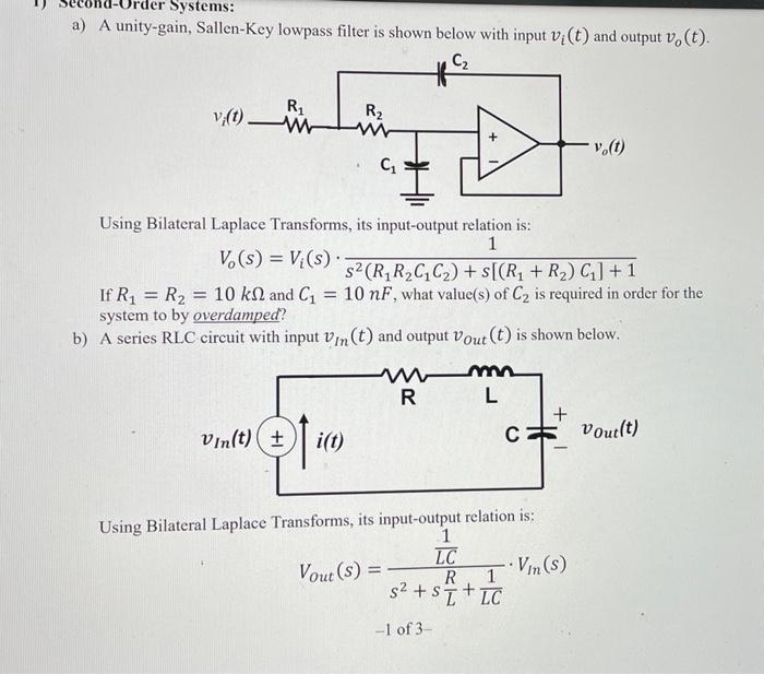 Solved Systems: a) A unity-gain, Sallen-Key lowpass filter | Chegg.com