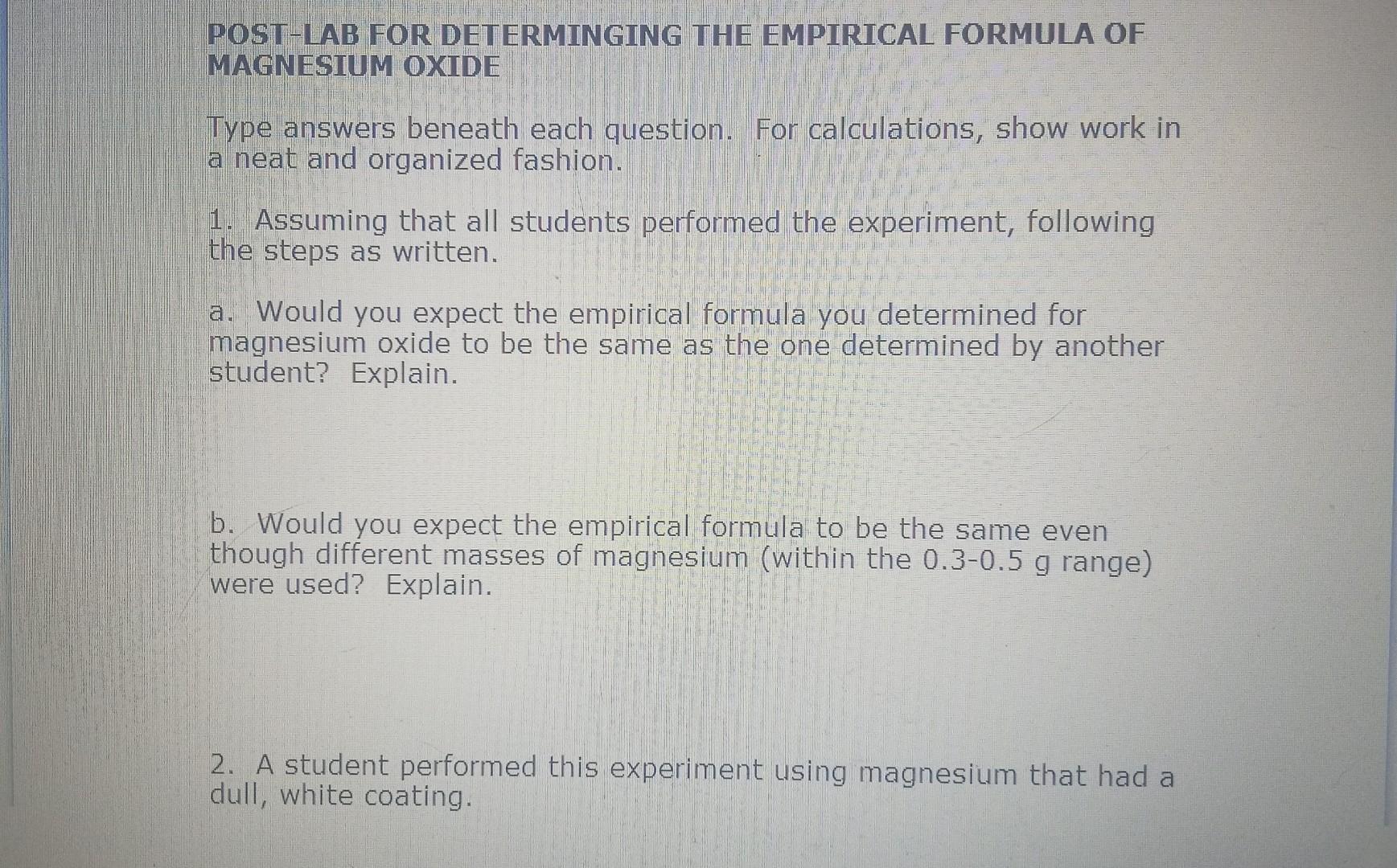 Solved DATA SHEET FOR DETERMINING THE EMPIRICAL FORMULA OF | Chegg.com