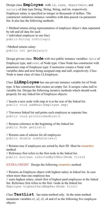 Solved Design class Employee with id, name, department, and | Chegg.com