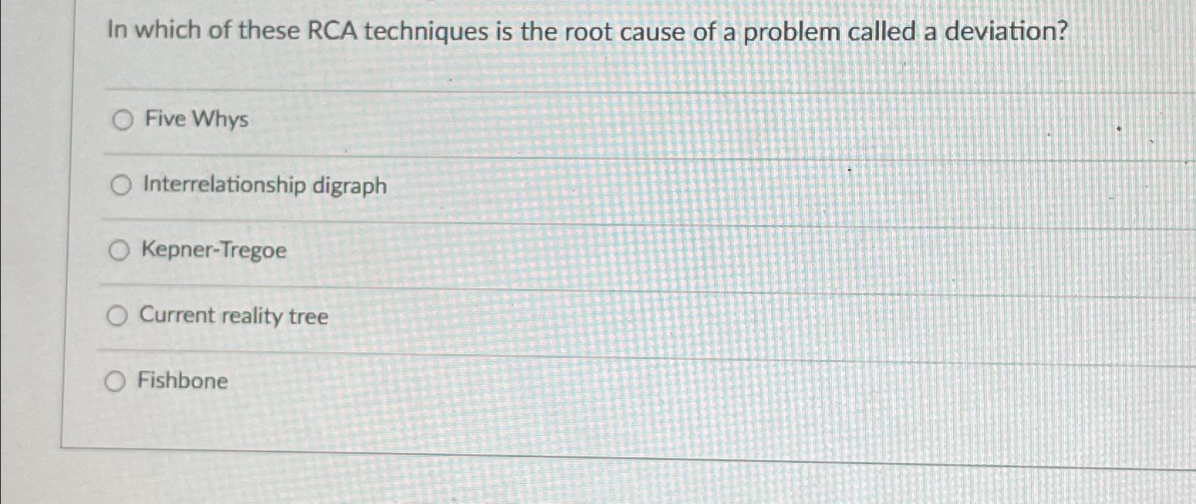 Solved In which of these RCA techniques is the root cause of | Chegg.com