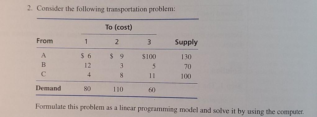 Solved 2. Consider the following transportation problem: To | Chegg.com