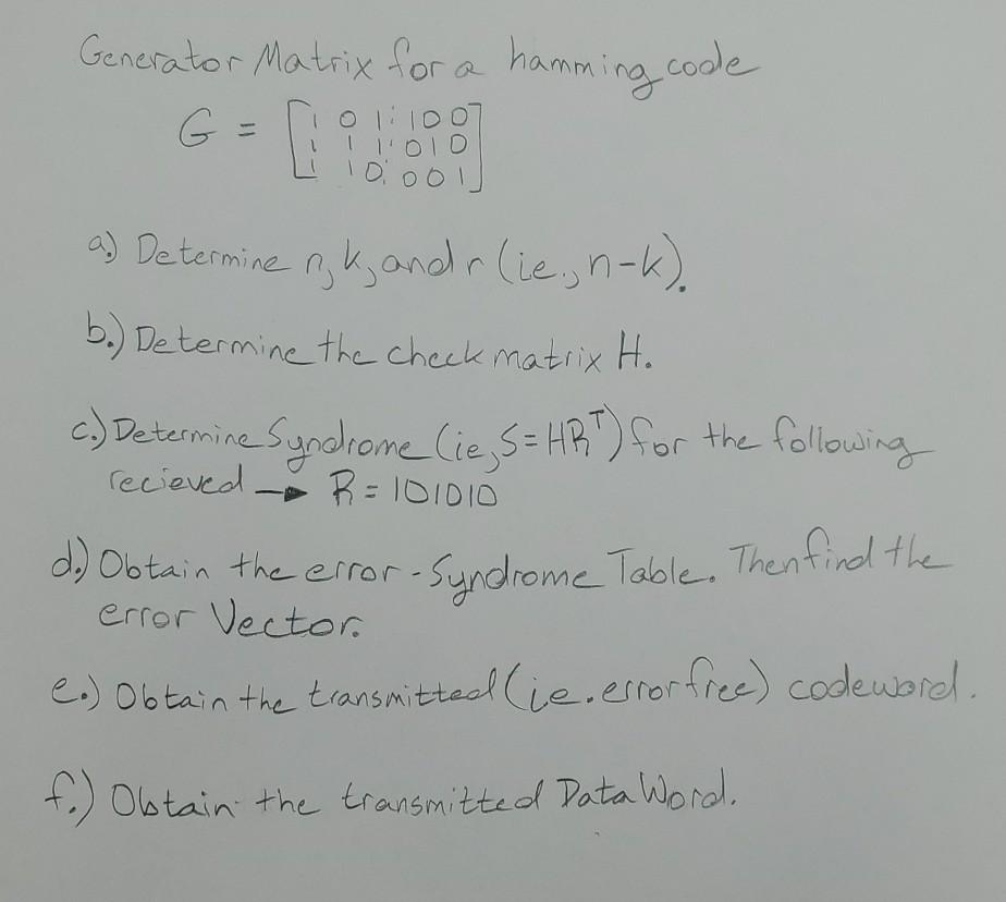 Solved Generator Matrix for a hamming code DO 1'010 Dool | Chegg.com