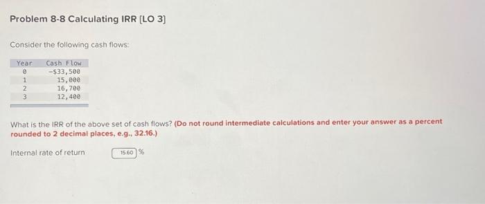 Solved Problem 8-8 Calculating IRR [LO 3] Consider the | Chegg.com