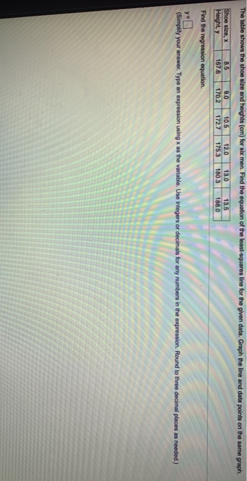 Solved The table shows the shoe size and heights (cm) for | Chegg.com