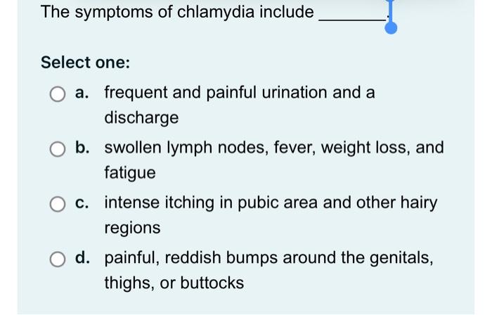 Solved The symptoms of chlamydia include Select one: a. | Chegg.com