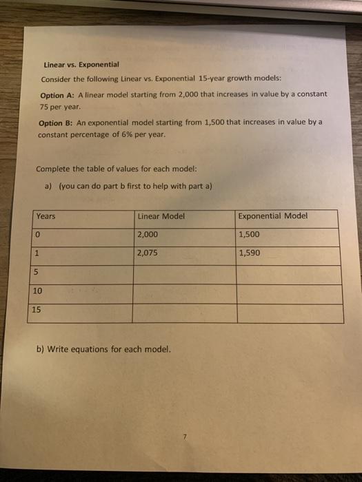Solved Linear vs. Exponential Consider the following Linear | Chegg.com