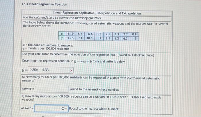 Solved 12.3 Linear Regression Equation Linear Regression | Chegg.com