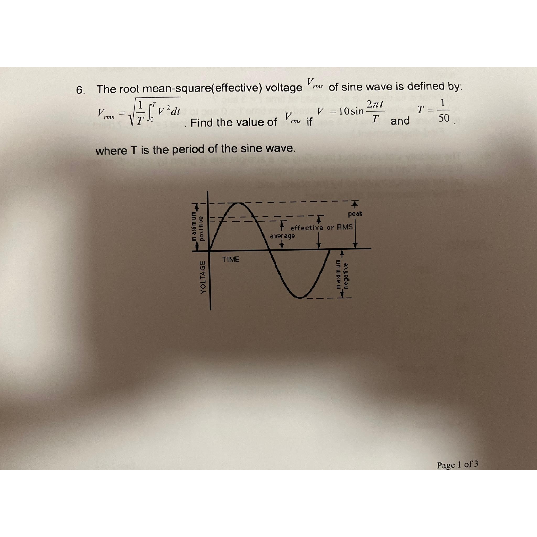 Solved The root mean-square(effective) ﻿voltage ms of sine | Chegg.com