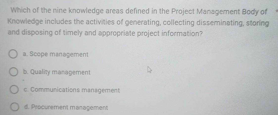 Solved Which of the nine knowledge areas defined in the | Chegg.com