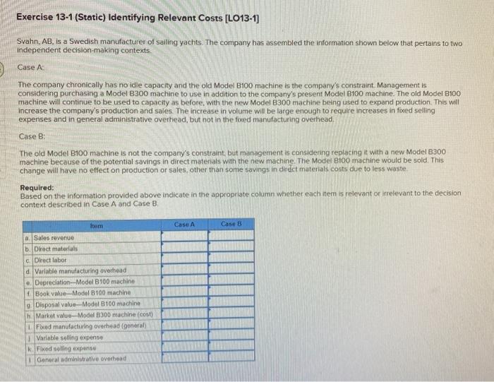 Solved Exercise 13-1 (Static) Identifying Relevant Costs | Chegg.com