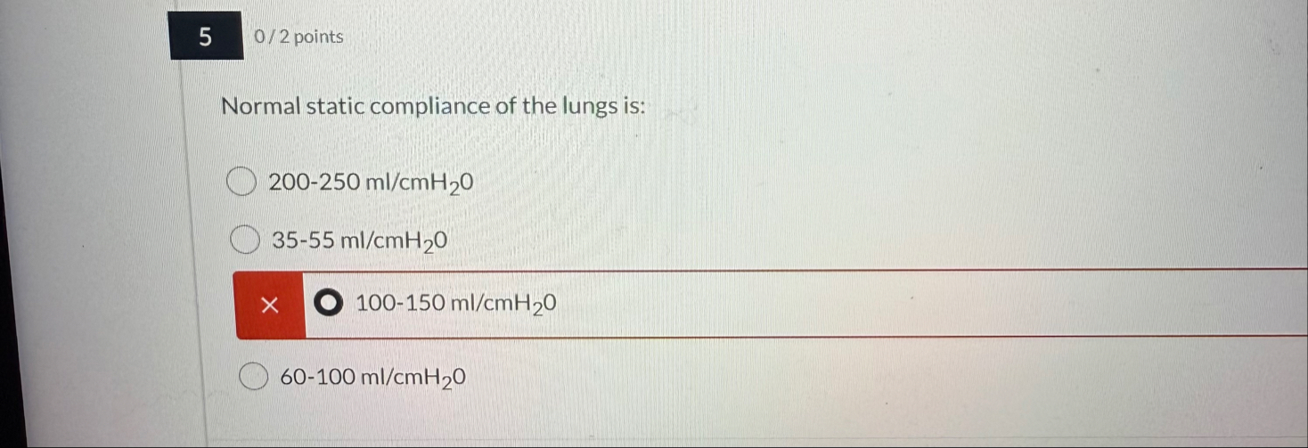 Solved 50/2 ﻿pointsNormal static compliance of the lungs | Chegg.com