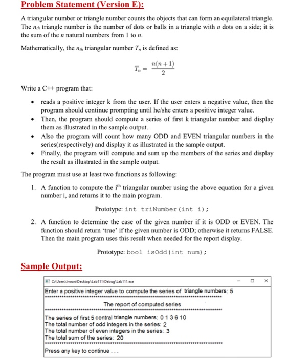Solved Problem Statement (Version E): A triangular number or | Chegg.com