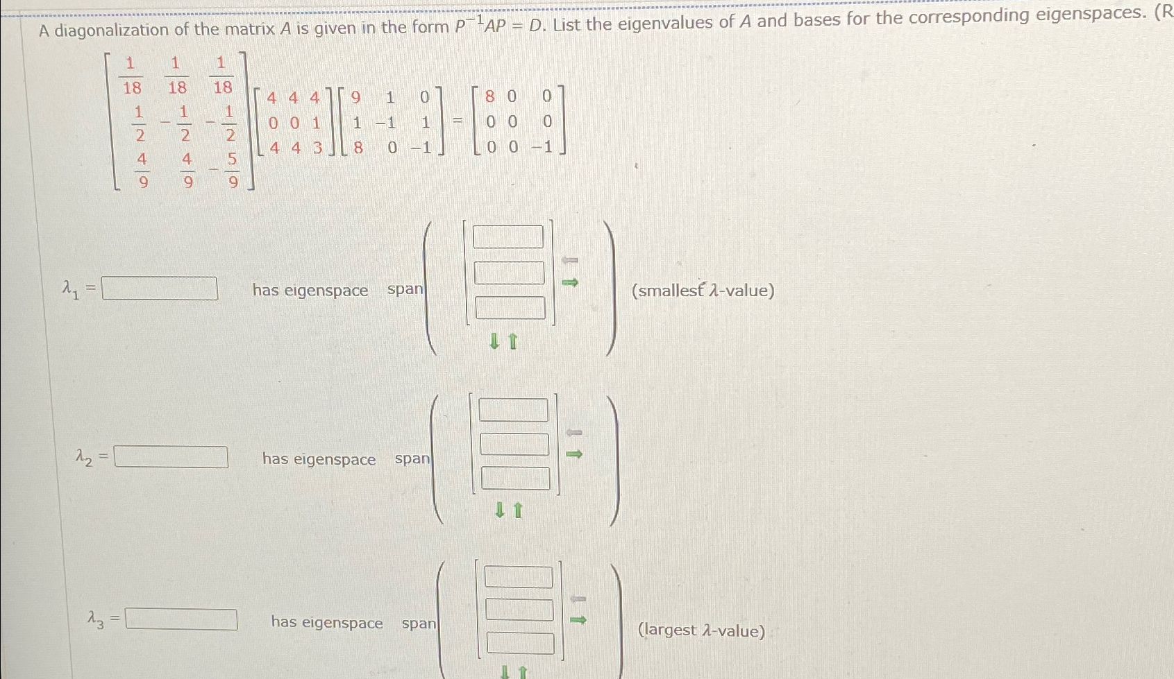 Solved A diagonalization of the matrix A ﻿is given in the | Chegg.com