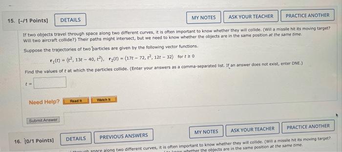 Solved If two objects travel through space along two | Chegg.com
