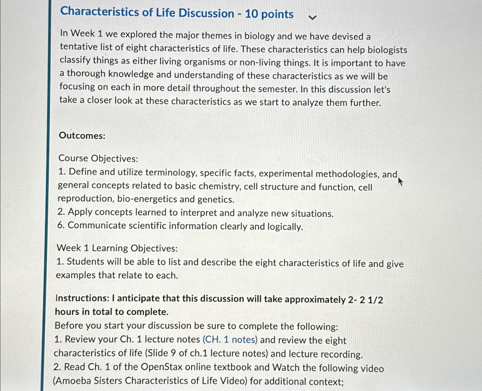 Solved Characteristics of Life Discussion - 10 ﻿pointsIn | Chegg.com