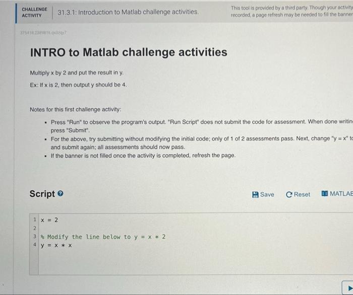 Solved CHALLENGE ACTIVITY 31.3.1: Introduction to Matlab | Chegg.com