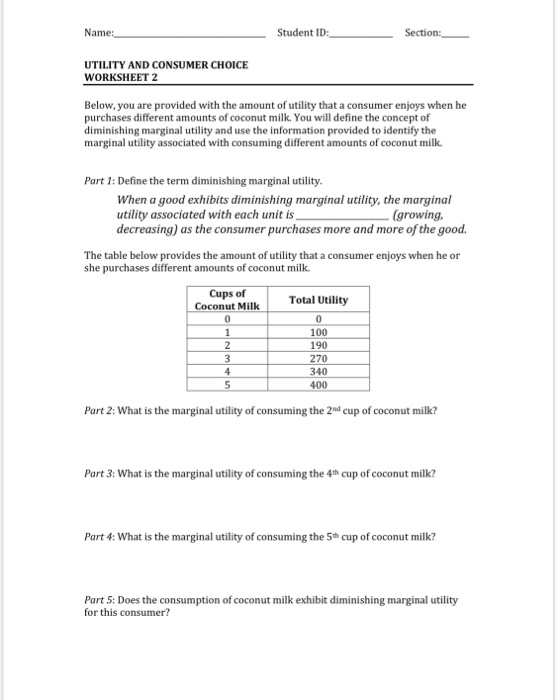 Solved Name: Section: Student ID UTILITY AND CONSUMER CHOICE | Chegg.com