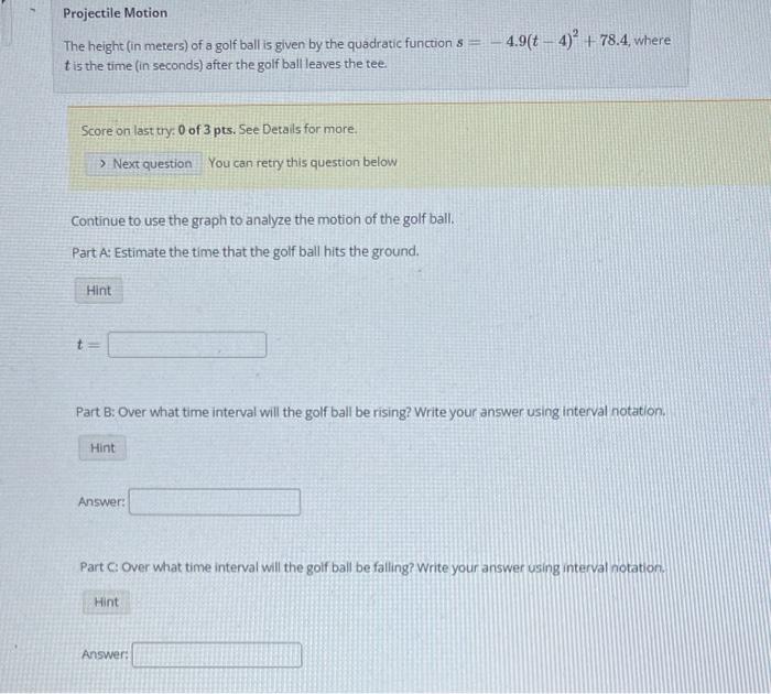 Solved Projectile Motion The height (in meters) of a golf | Chegg.com