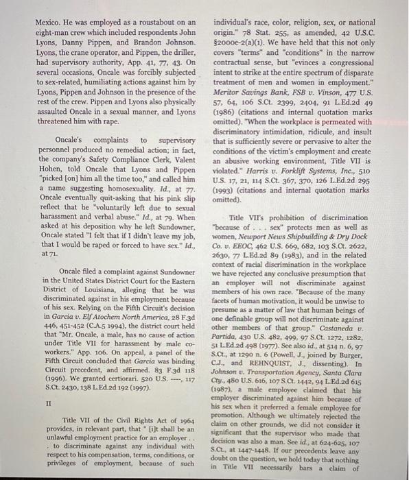 Joseph ONCALE, Petitioner, since Title VII is | Chegg.com