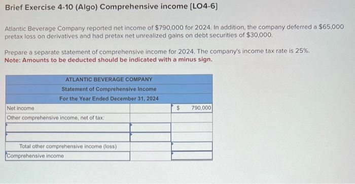 Solved Brief Exercise 4-10 (Algo) Comprehensive income | Chegg.com Solved Brief Exercise 4-10 (Algo) Comprehensive income | Chegg.com