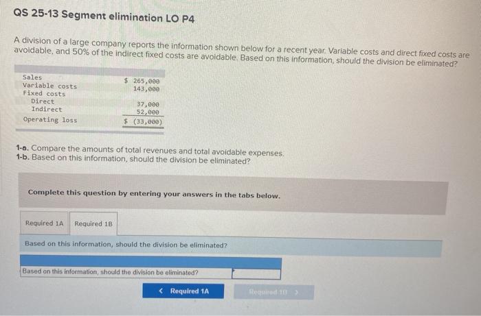 Solved QS 25-13 Segment elimination LO P4 A division of a | Chegg.com