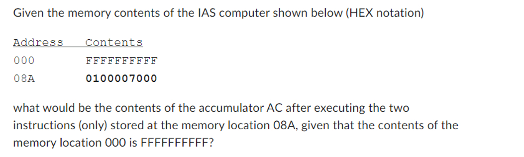 Solved Given the memory contents of the IAS computer shown | Chegg.com