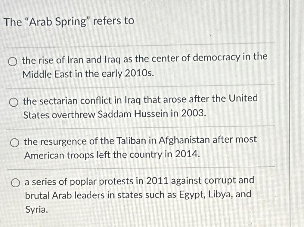 Solved The "Arab Spring" refers tothe rise of Iran and Iraq | Chegg.com