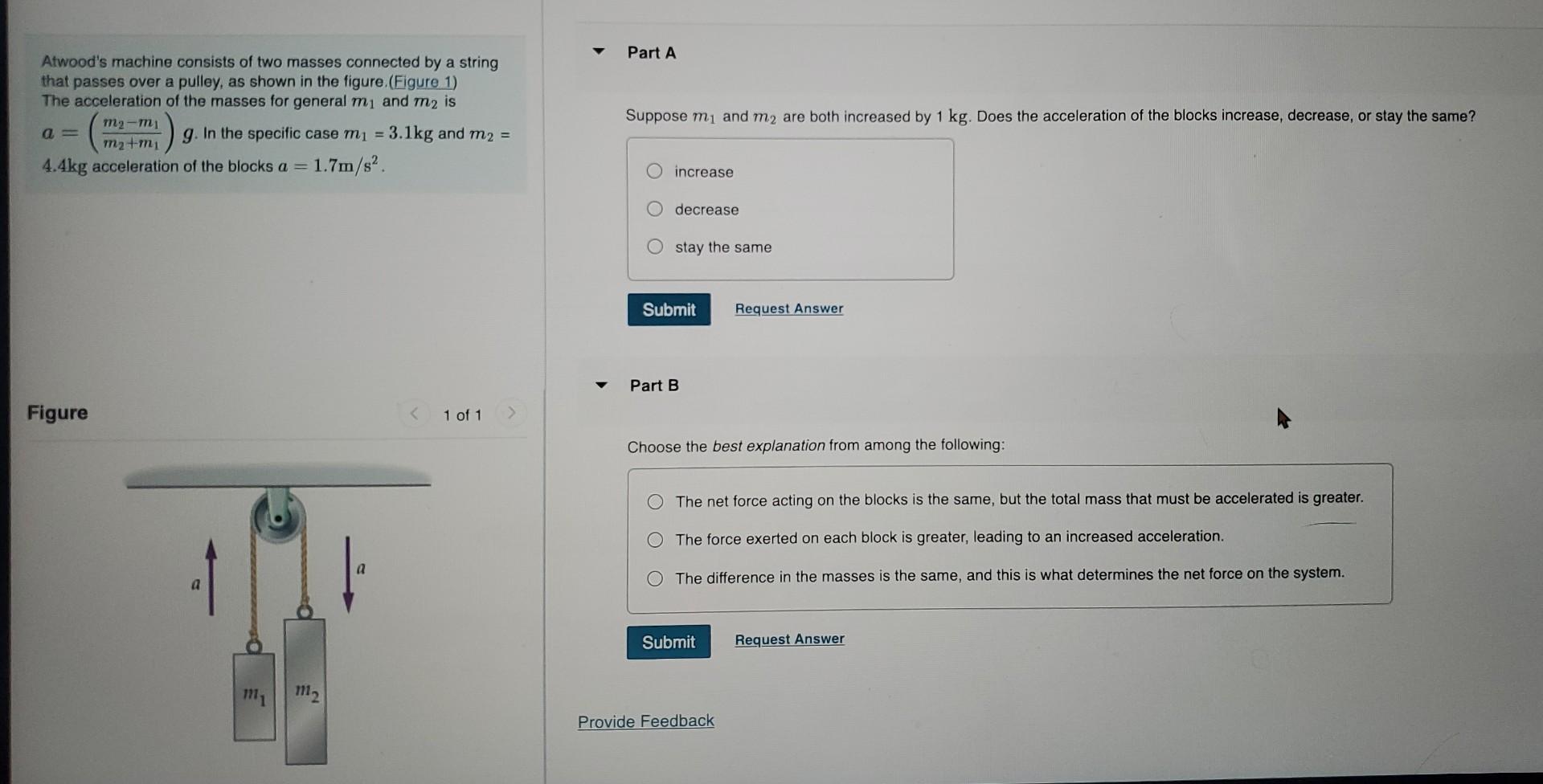 Solved Atwood's machine consists of two masses connected by | Chegg.com