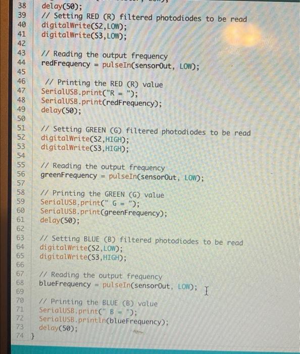 Solved delay(50) I/ Setting RED (R) filtered photodiodes to | Chegg.com