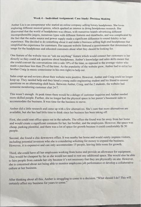 Solved Week 4 - Individual Assignment: Case Study: Decision | Chegg.com
