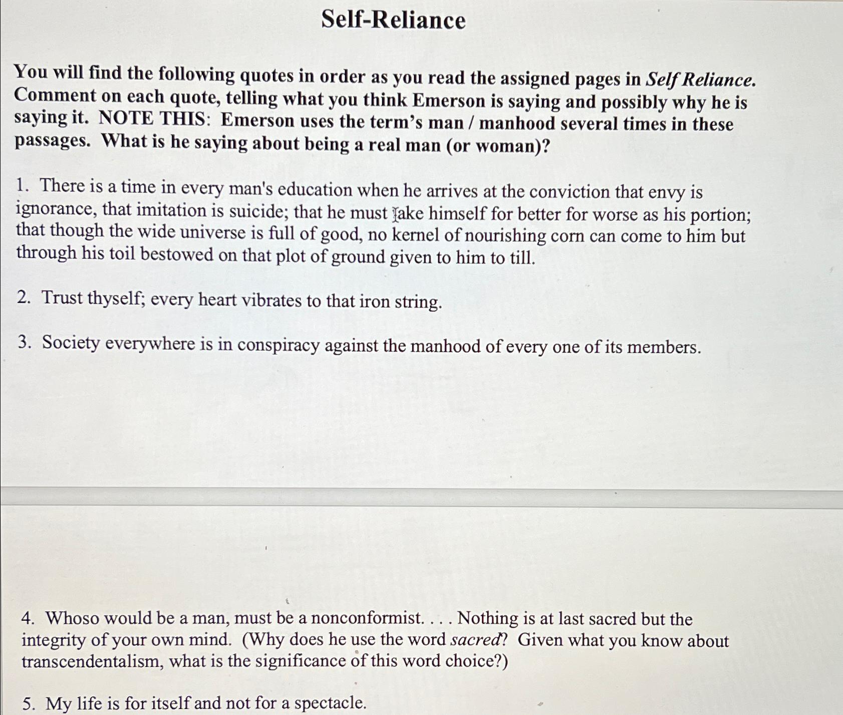 Solved Self-RelianceYou will find the following quotes in | Chegg.com