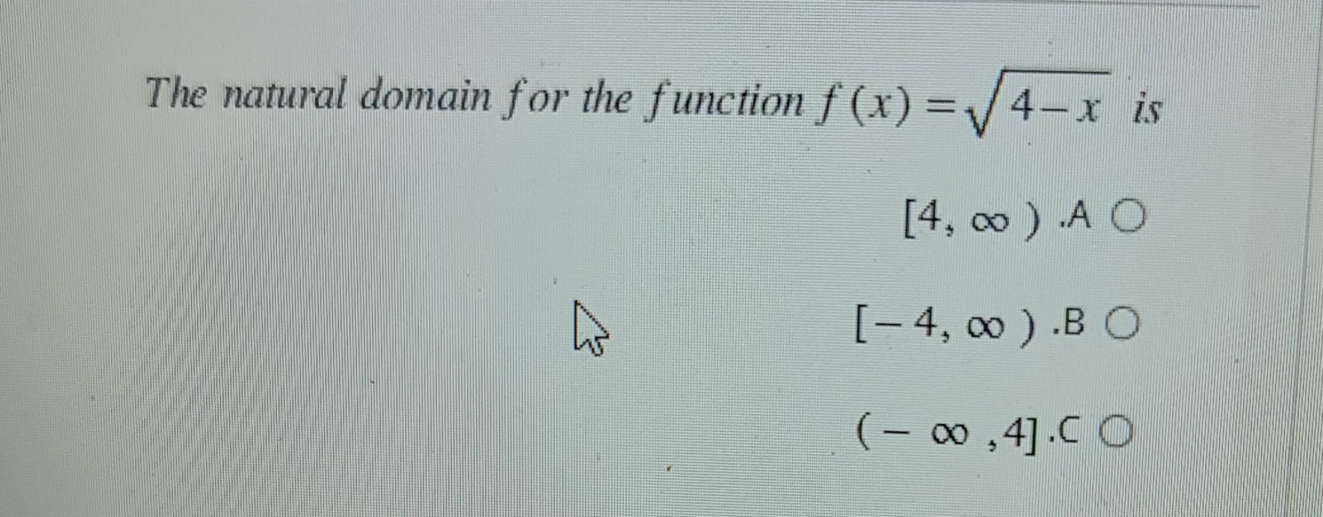 Solved The natural domain for the function f(x)=4−x is | Chegg.com