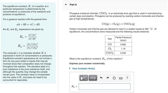 Solved The equil brium constant, K, of a reaction at a | Chegg.com