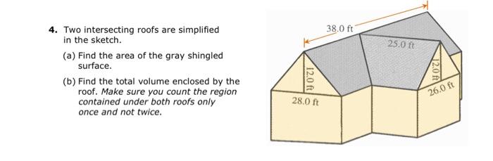 Solved 38.0 ft 25.0 ft 4. Two intersecting roofs are | Chegg.com