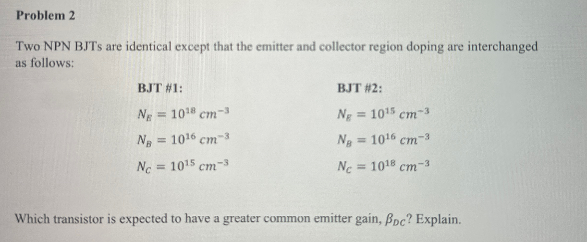 Solved Problem 2Two NPN BJTs are identical except that the | Chegg.com