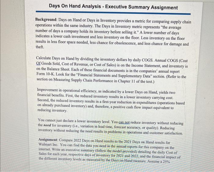 Solved Background: Days on Hand or Days in Inventory | Chegg.com