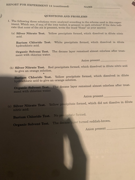 Solved REPORT FOR EXPERIMENT 14 (continued) NAME QUESTIONS | Chegg.com