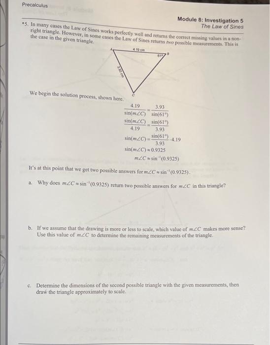 Solved Precalculus Module 8: Investigation 5 The Law of | Chegg.com