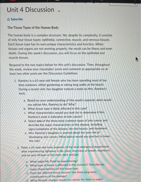 Solved Unit 4 Discussion Subscribe The Tissue Types of the | Chegg.com