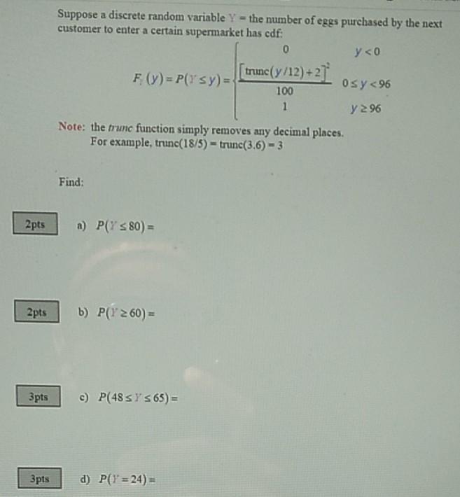 Solved Suppose a discrete random variable Y= the number of | Chegg.com