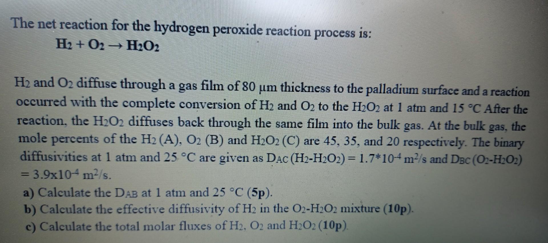 Solved H2+O2→H2O2 H2 and O2 diffuse through a gas film of | Chegg.com