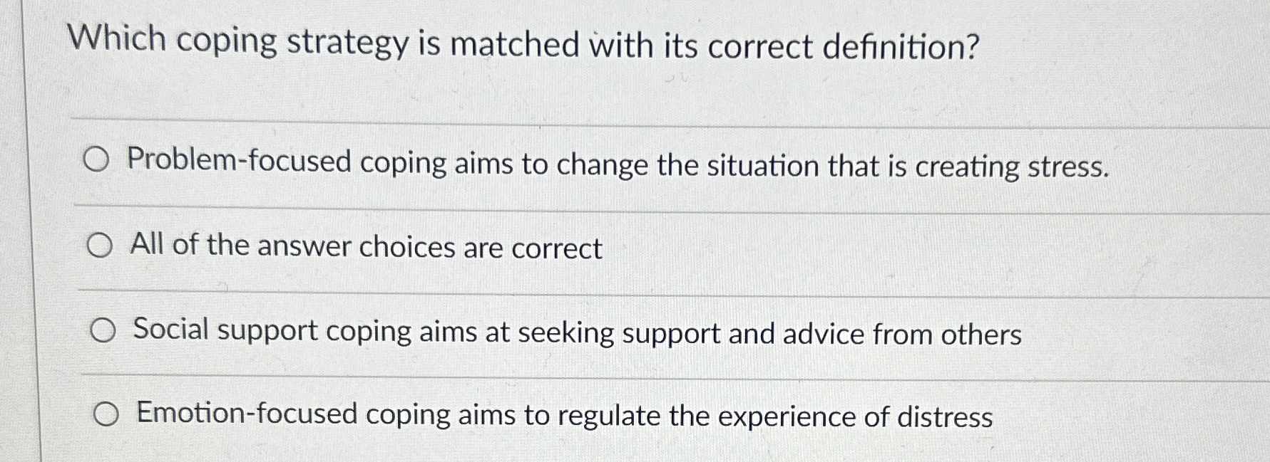 Solved Which coping strategy is matched with its correct | Chegg.com