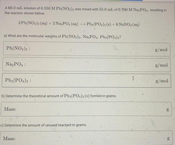 Solved A 60.0 mL solution of 0.550 M Pb(NO3)2 was mixed with | Chegg.com