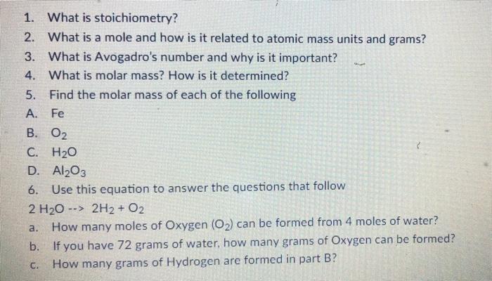 Solved 1. What is stoichiometry? 2. What is a mole and how | Chegg.com
