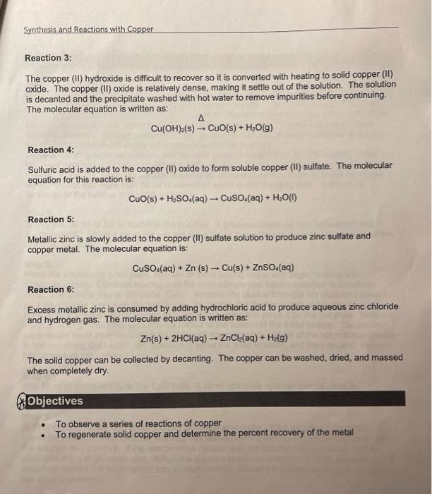 Synthesis and Reactions with Copper (from LABORATORY | Chegg.com