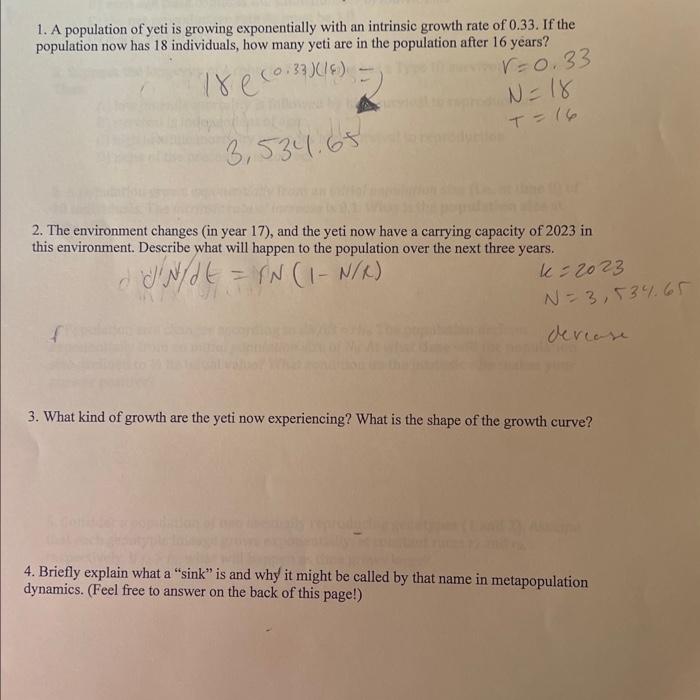 Solved 1. A population of yeti is growing exponentially with | Chegg.com